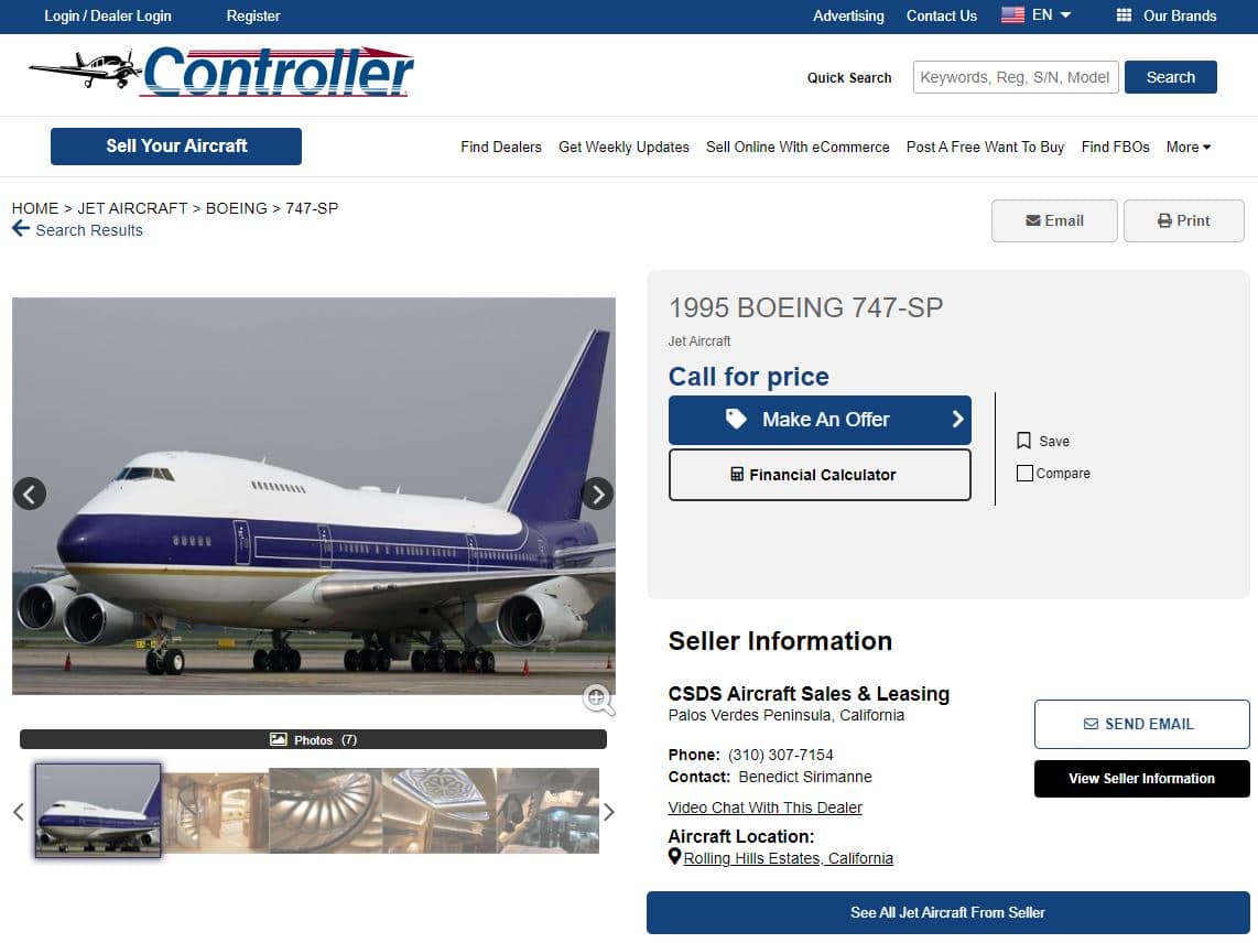 N7477S listed as For Sale - Boeing 747SP Website